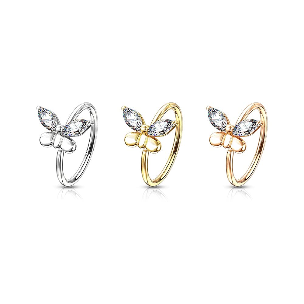 Pierced Owl 20GA CZ Crystal Butterfly Bendable Annealed Nose Cartilage Ring (Gold Tone)