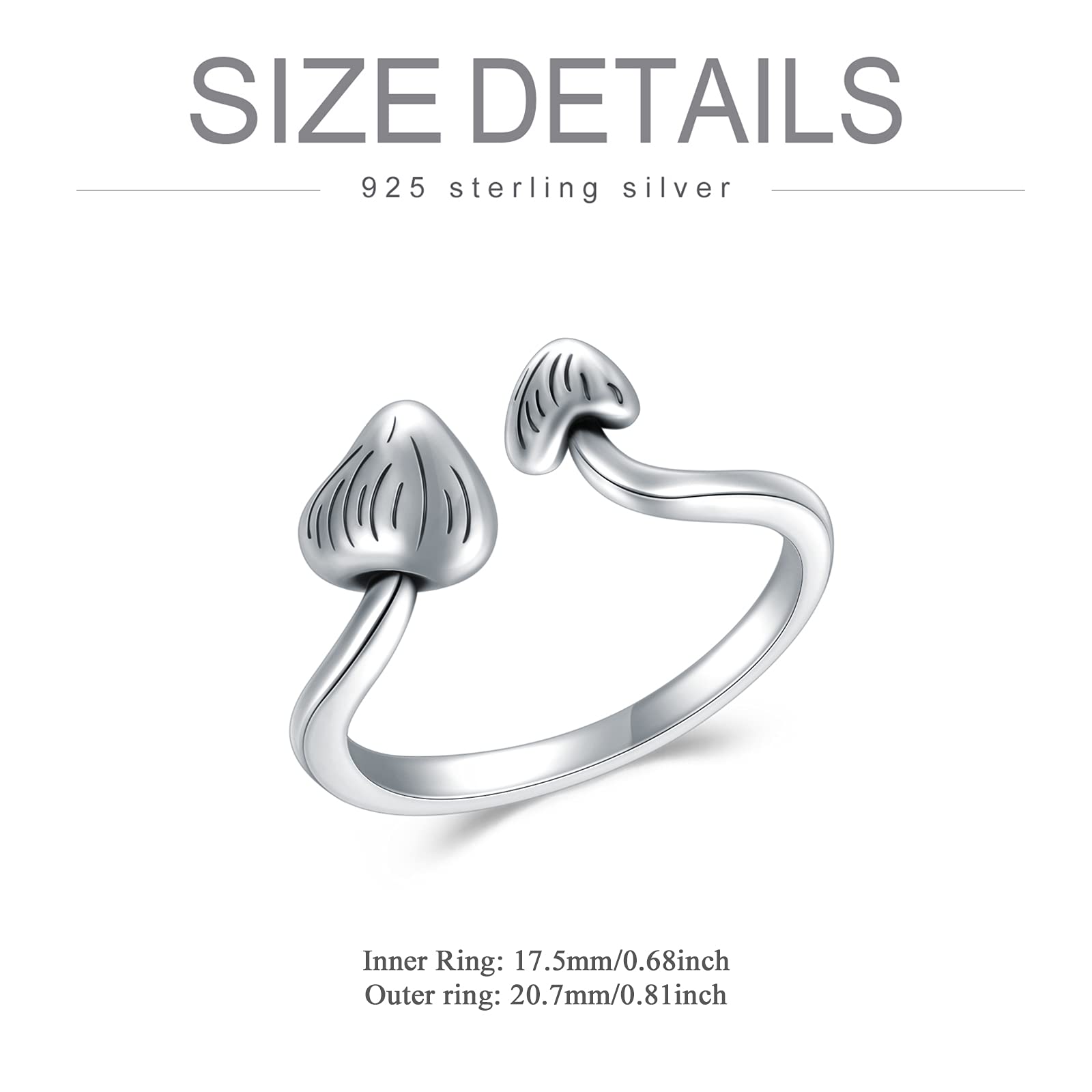 Mushroom Ring Open Spoon Ring Sterling Silver Mushroom Jewelry for Women,Size 7/8 (8)