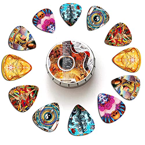 THIVENNY Guitar Picks 12 Medium Pack with Leather Picks Holder and Tin Box,Unique Artistic Celluloid Guitar Pick for Bass Electric Guitar Acoustic Guitar Lovers Gift (Mix-6) (1002-1)