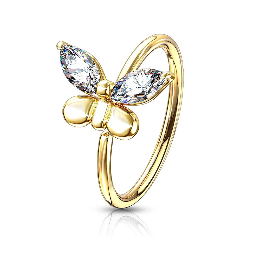 Pierced Owl 20GA CZ Crystal Butterfly Bendable Annealed Nose Cartilage Ring (Gold Tone)