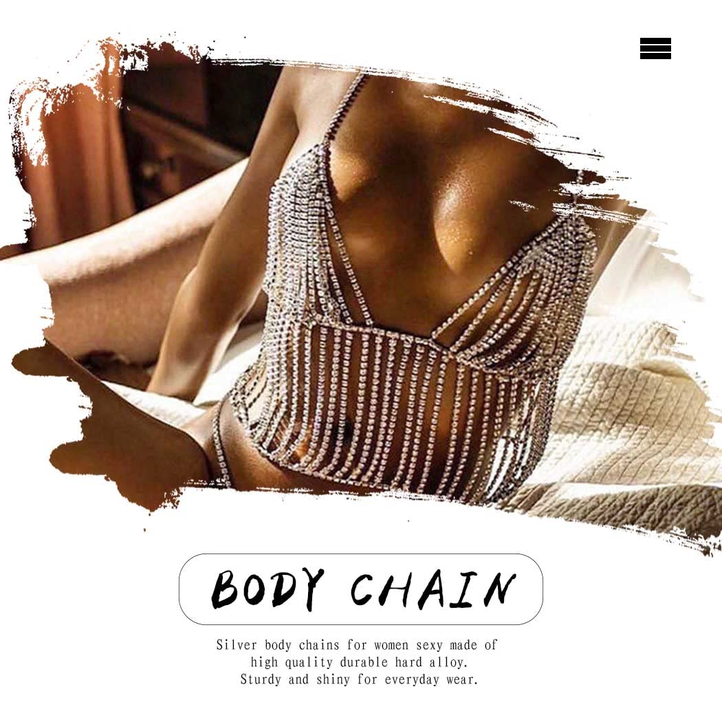 Aiosy Rhinestone Body Chain Silver Sexy Bikini Bra Chain Rave Outfits Body Accessories Jewelry for Women and Girls