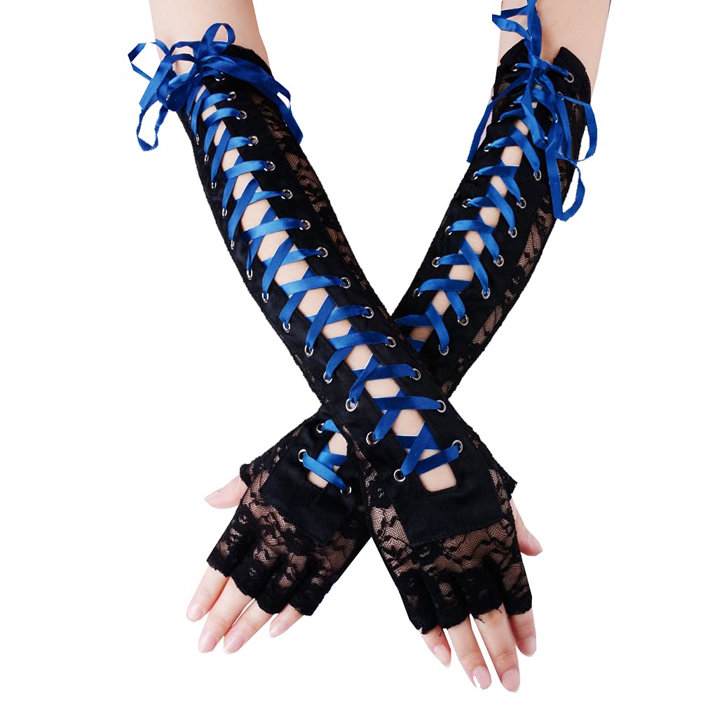 JISEN Womens Fingerless Gloves Elbow Lace Up steampunk Costume Arm Warmer Nylon Royal Blue