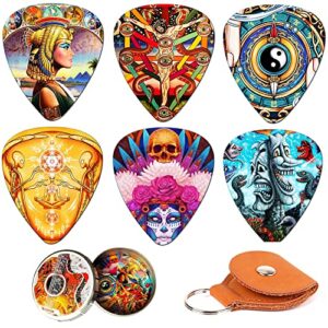 thivenny guitar picks 12 medium pack with leather picks holder and tin box,unique artistic celluloid guitar pick for bass electric guitar acoustic guitar lovers gift (mix-6) (1002-1)