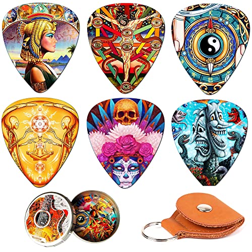 THIVENNY Guitar Picks 12 Medium Pack with Leather Picks Holder and Tin Box,Unique Artistic Celluloid Guitar Pick for Bass Electric Guitar Acoustic Guitar Lovers Gift (Mix-6) (1002-1)