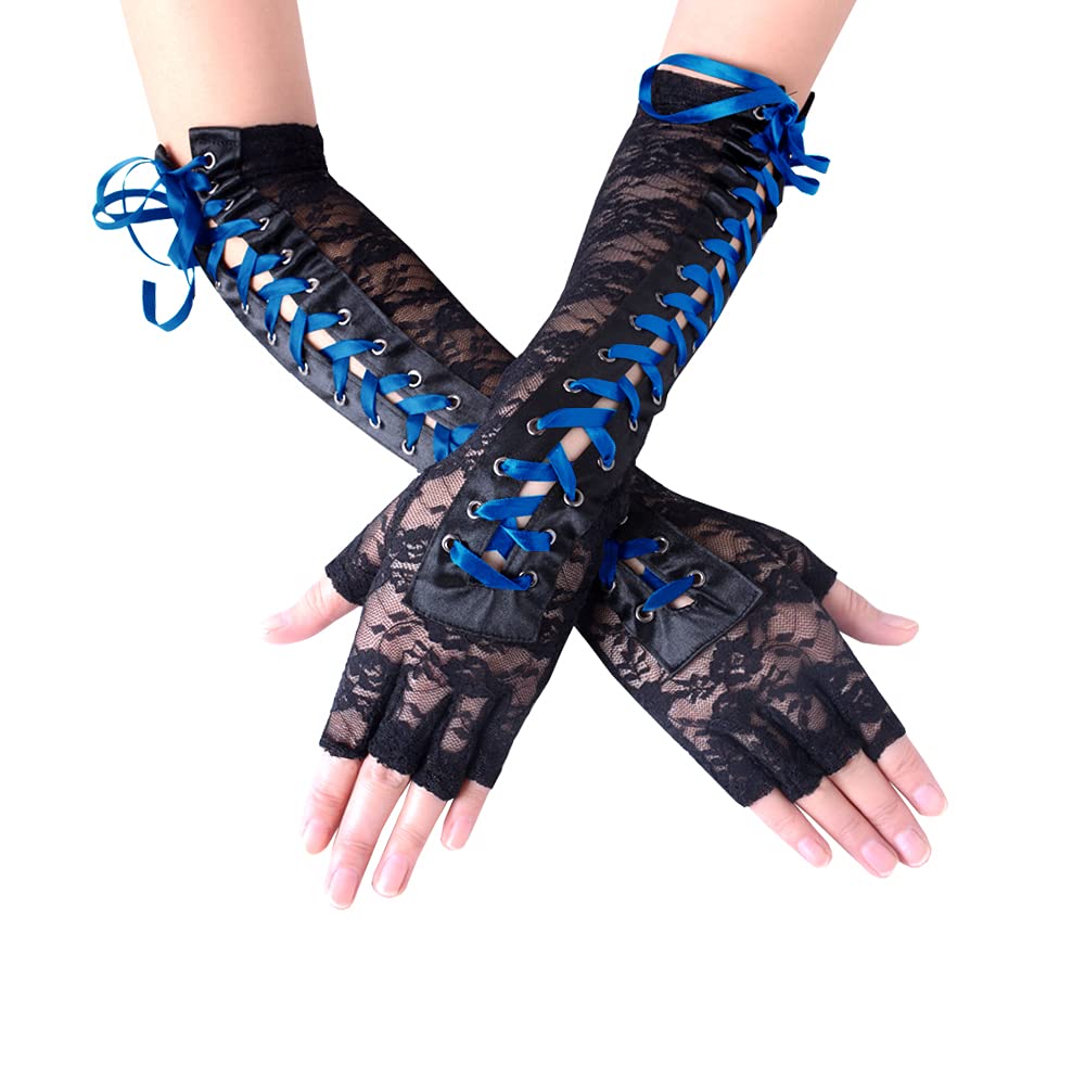 JISEN Womens Fingerless Gloves Elbow Lace Up steampunk Costume Arm Warmer Nylon Royal Blue