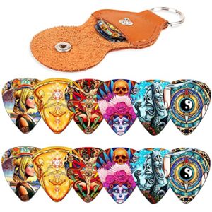 THIVENNY Guitar Picks 12 Medium Pack with Leather Picks Holder and Tin Box,Unique Artistic Celluloid Guitar Pick for Bass Electric Guitar Acoustic Guitar Lovers Gift (Mix-6) (1002-1)