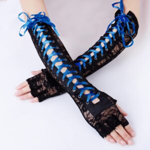 JISEN Womens Fingerless Gloves Elbow Lace Up steampunk Costume Arm Warmer Nylon Royal Blue