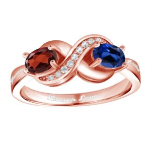 gem stone king 18k rose gold plated silver personalized and customized 2-stone 6x4mm oval gemstone birthstone and white created sapphire anniversary promise ring for women (size 9)