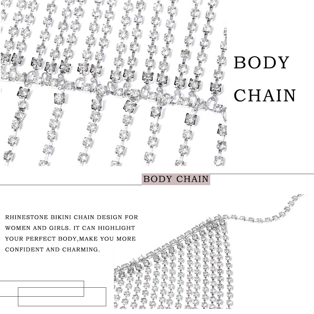 Aiosy Rhinestone Body Chain Silver Sexy Bikini Bra Chain Rave Outfits Body Accessories Jewelry for Women and Girls