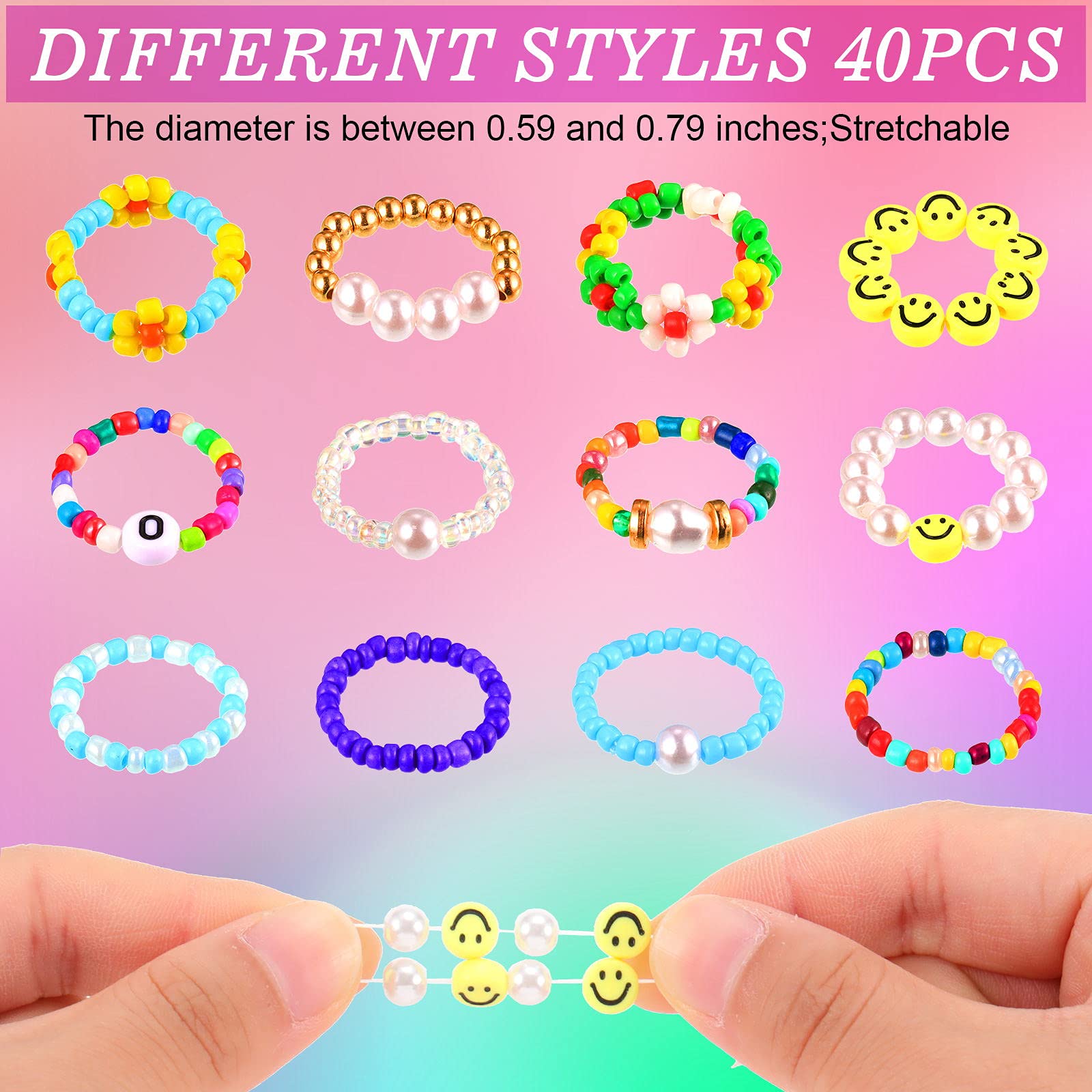 Hicarer 40 Pieces Flower Beads Rings Rainbow Colorful Rice Bead Rings Cute Handmade Smile Beaded Rings Colorful Jewelry Rings for Women