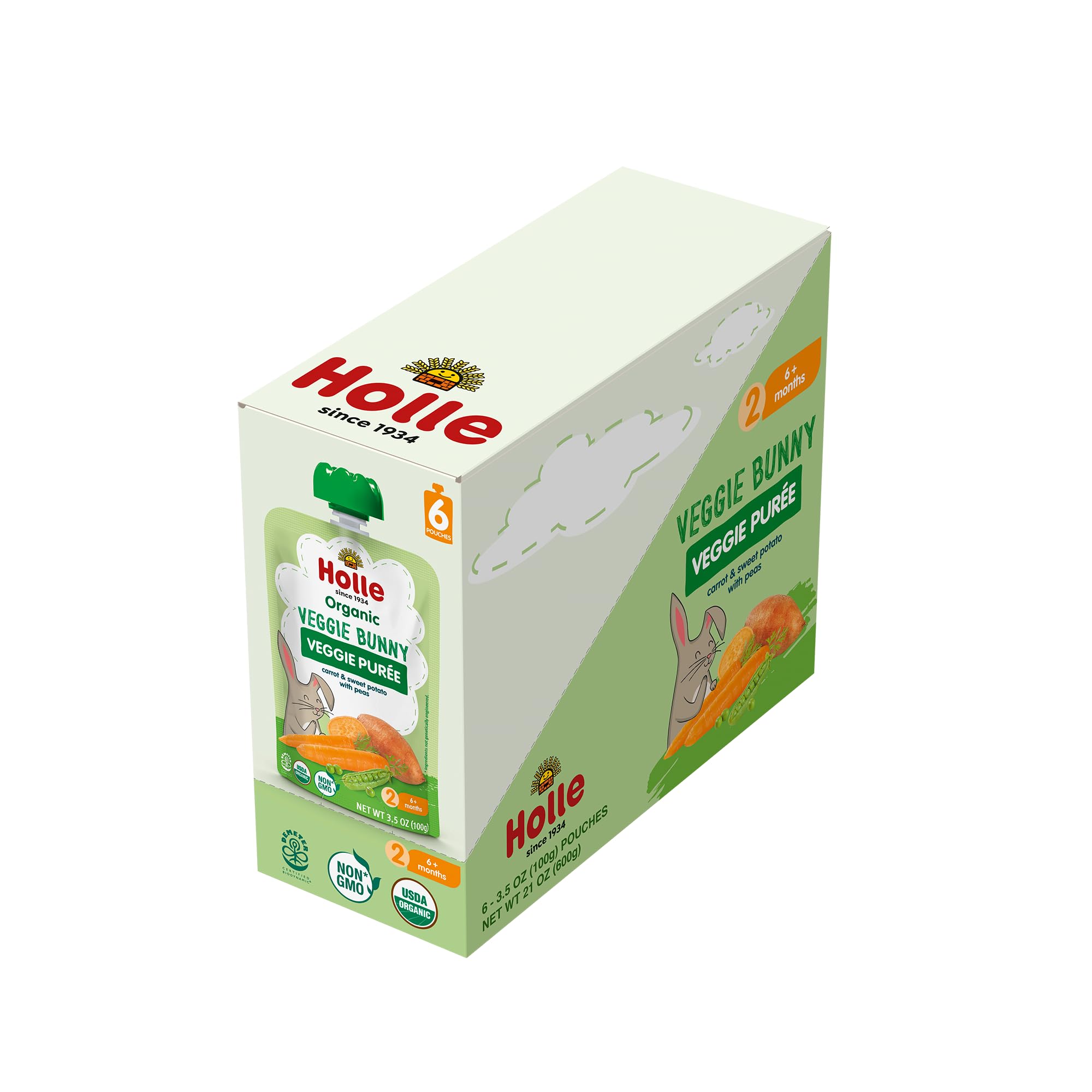 Holle Organic Baby Food Pouches - Veggie Bunny Baby Puree with Carrots, Peas and Sweet Potato - (6 Pack) Organic Baby Snacks + Fruit and Veggie Pouches for Weaning Babies 6 Months and Older