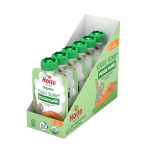 Holle Organic Baby Food Pouches - Veggie Bunny Baby Puree with Carrots, Peas and Sweet Potato - (6 Pack) Organic Baby Snacks + Fruit and Veggie Pouches for Weaning Babies 6 Months and Older