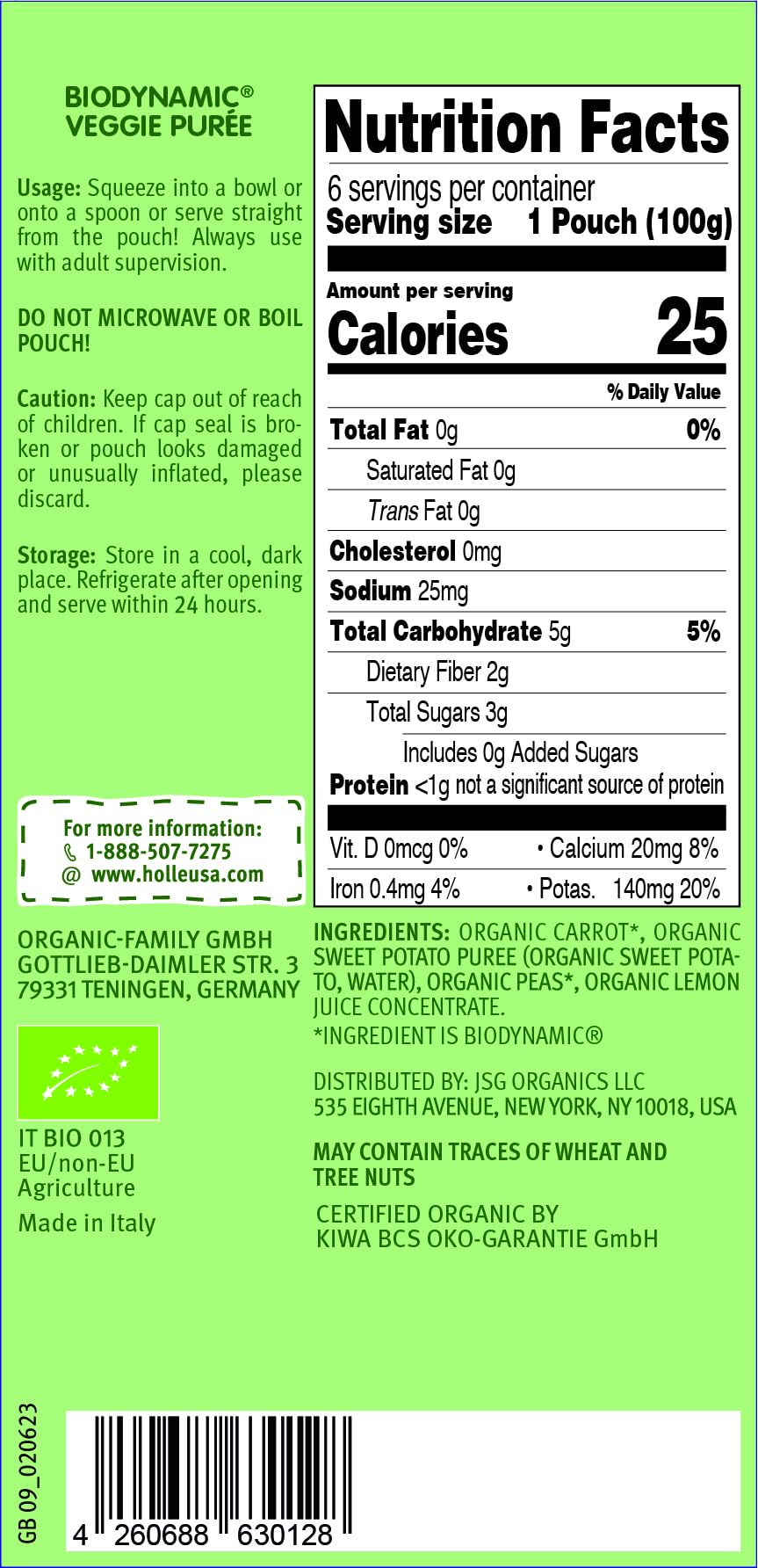 Holle Organic Baby Food Pouches - Veggie Bunny Baby Puree with Carrots, Peas and Sweet Potato - (6 Pack) Organic Baby Snacks + Fruit and Veggie Pouches for Weaning Babies 6 Months and Older