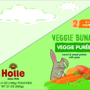 Holle Organic Baby Food Pouches - Veggie Bunny Baby Puree with Carrots, Peas and Sweet Potato - (6 Pack) Organic Baby Snacks + Fruit and Veggie Pouches for Weaning Babies 6 Months and Older