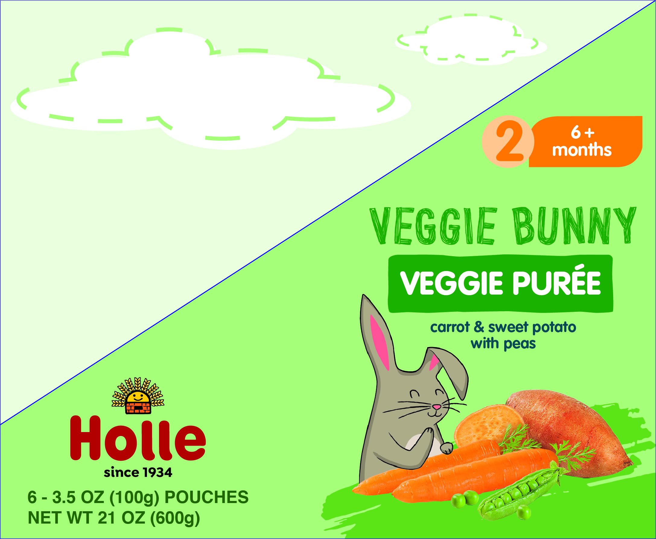 Holle Organic Baby Food Pouches - Veggie Bunny Baby Puree with Carrots, Peas and Sweet Potato - (6 Pack) Organic Baby Snacks + Fruit and Veggie Pouches for Weaning Babies 6 Months and Older