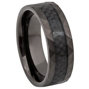 tungsten ring black ion plated carbon fiber inlay faceted brushed sides engagement band anniversary band promise ring comfort fit - 3869tks11