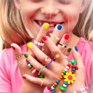 Hicarer 40 Pieces Flower Beads Rings Rainbow Colorful Rice Bead Rings Cute Handmade Smile Beaded Rings Colorful Jewelry Rings for Women