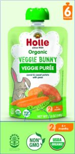 holle organic baby food pouches - veggie bunny baby puree with carrots, peas and sweet potato - (6 pack) organic baby snacks + fruit and veggie pouches for weaning babies 6 months and older