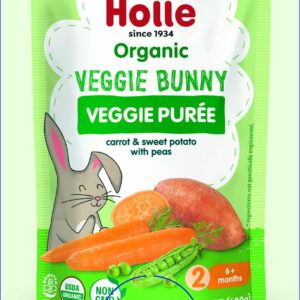 Holle Organic Baby Food Pouches - Veggie Bunny Baby Puree with Carrots, Peas and Sweet Potato - (6 Pack) Organic Baby Snacks + Fruit and Veggie Pouches for Weaning Babies 6 Months and Older