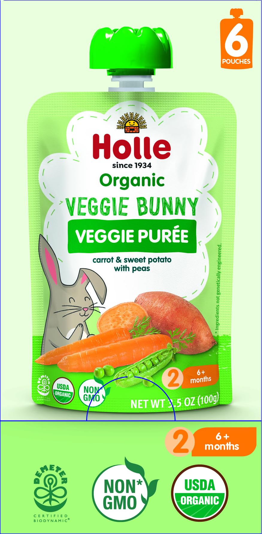 Holle Organic Baby Food Pouches - Veggie Bunny Baby Puree with Carrots, Peas and Sweet Potato - (6 Pack) Organic Baby Snacks + Fruit and Veggie Pouches for Weaning Babies 6 Months and Older