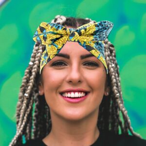 RechicGu 6 Pieces African Ankara Print Bonnet Beanie Cap Pre-Tied Bow Bowknot Headwrap Stretch Turban Headband Dreadlocks Locs India Dread Head Band Wrap Yoga Hair Bandana Blue Gingko