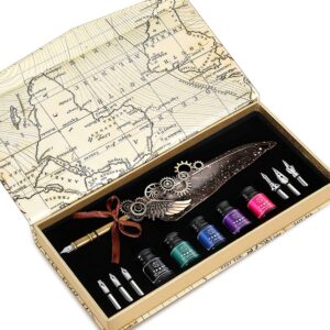 nc feather quill pen set - includes 5 ink bottles, 6 nibs, mechanical quill pen for calligraphy, writing letters, signing, invitations etc (grey)