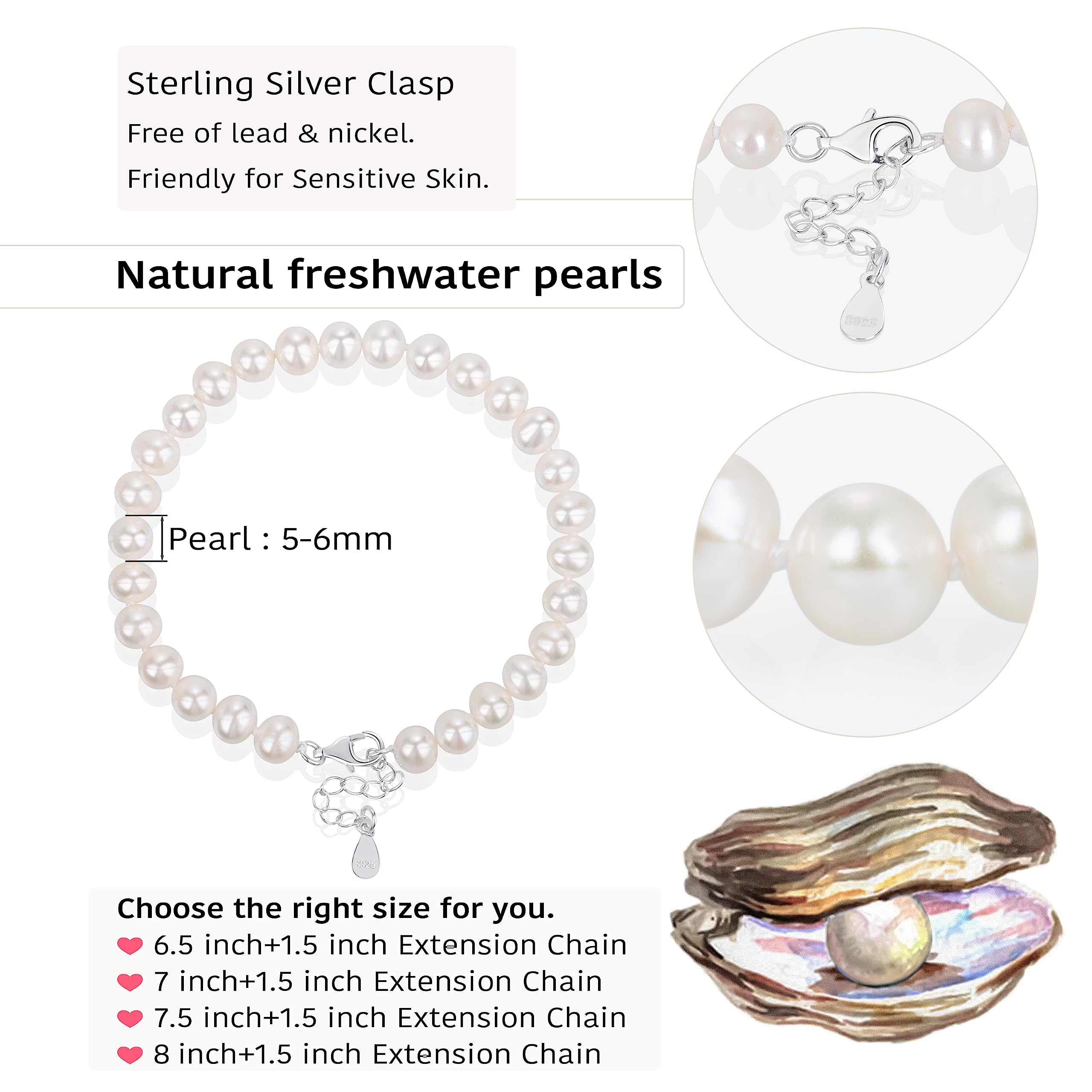 Pearlsays Sterling Silver Natural Pearl Necklace Pearl Earrings for Women Pearl Bracelet Jewelry for Women AAA Quality From The Real Freshwater Pearl Source