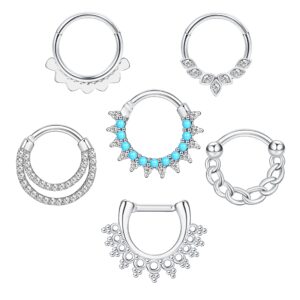 drperfect 6pcs 16g daith septum rings 316l stainless steel cz septum hoop nose ring for women men hinged segment clicker cartilage helix earrings earring daith clicker body piercing jewelry