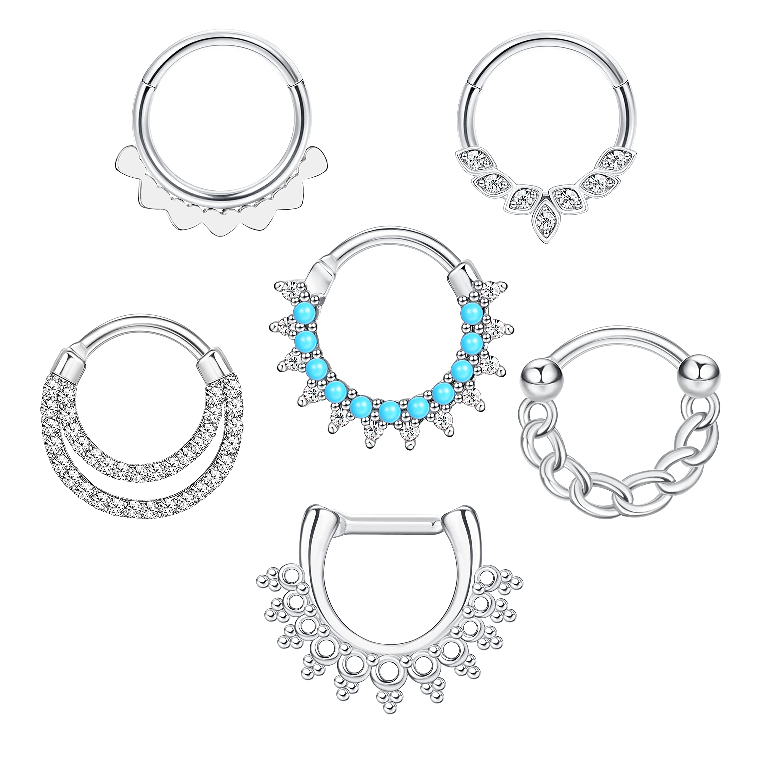 Drperfect 6Pcs 16G Daith Septum Rings 316L Stainless Steel CZ Septum Hoop Nose Ring for Women Men Hinged Segment Clicker Cartilage Helix Earrings Earring Daith Clicker Body Piercing Jewelry