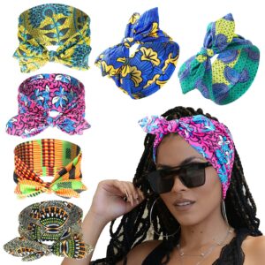 rechicgu 6 pieces african ankara print bonnet beanie cap pre-tied bow bowknot headwrap stretch turban headband dreadlocks locs india dread head band wrap yoga hair bandana blue gingko