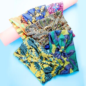 RechicGu 6 Pieces African Ankara Print Bonnet Beanie Cap Pre-Tied Bow Bowknot Headwrap Stretch Turban Headband Dreadlocks Locs India Dread Head Band Wrap Yoga Hair Bandana Blue Gingko