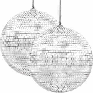 the dreidel company mirror disco ball 8" inch 2-pack, silver hanging ball with attached string for ring, reflects light, fun party home bands decorations, party favor