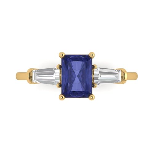 2.0ct Emerald cut 3 stone Solitaire Simulated Tanzanite Engagement Promise Anniversary Bridal Ring 18K Yellow Gold 4.75