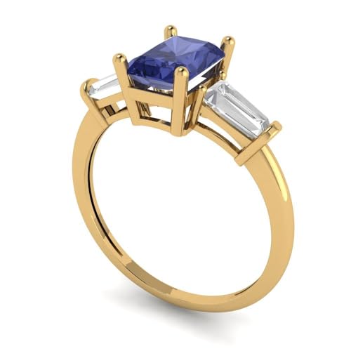 2.0ct Emerald cut 3 stone Solitaire Simulated Tanzanite Engagement Promise Anniversary Bridal Ring 18K Yellow Gold 4.75