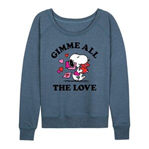 peanuts hybrid apparel gimme all the love - women's french terry pullover - size 2 x-large heather blue