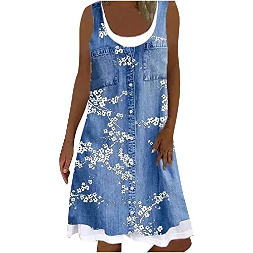 Womens Summer Dress Sleeveless Floral Loose Denim Printed Tank Dress for Women Juniors Casual Flowy Loose Sundress