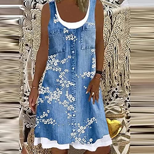 Womens Summer Dress Sleeveless Floral Loose Denim Printed Tank Dress for Women Juniors Casual Flowy Loose Sundress