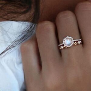 HaoMo 2Pcs Womens 18K Rose Gold Ring Shiny Moonstone Full Diamond Rings Cubic Zirconia Promise Double Ring Colorful Topaz Solitaire Ring Eternity Engagement Wedding Band Ring Set for Women HM013 (6)