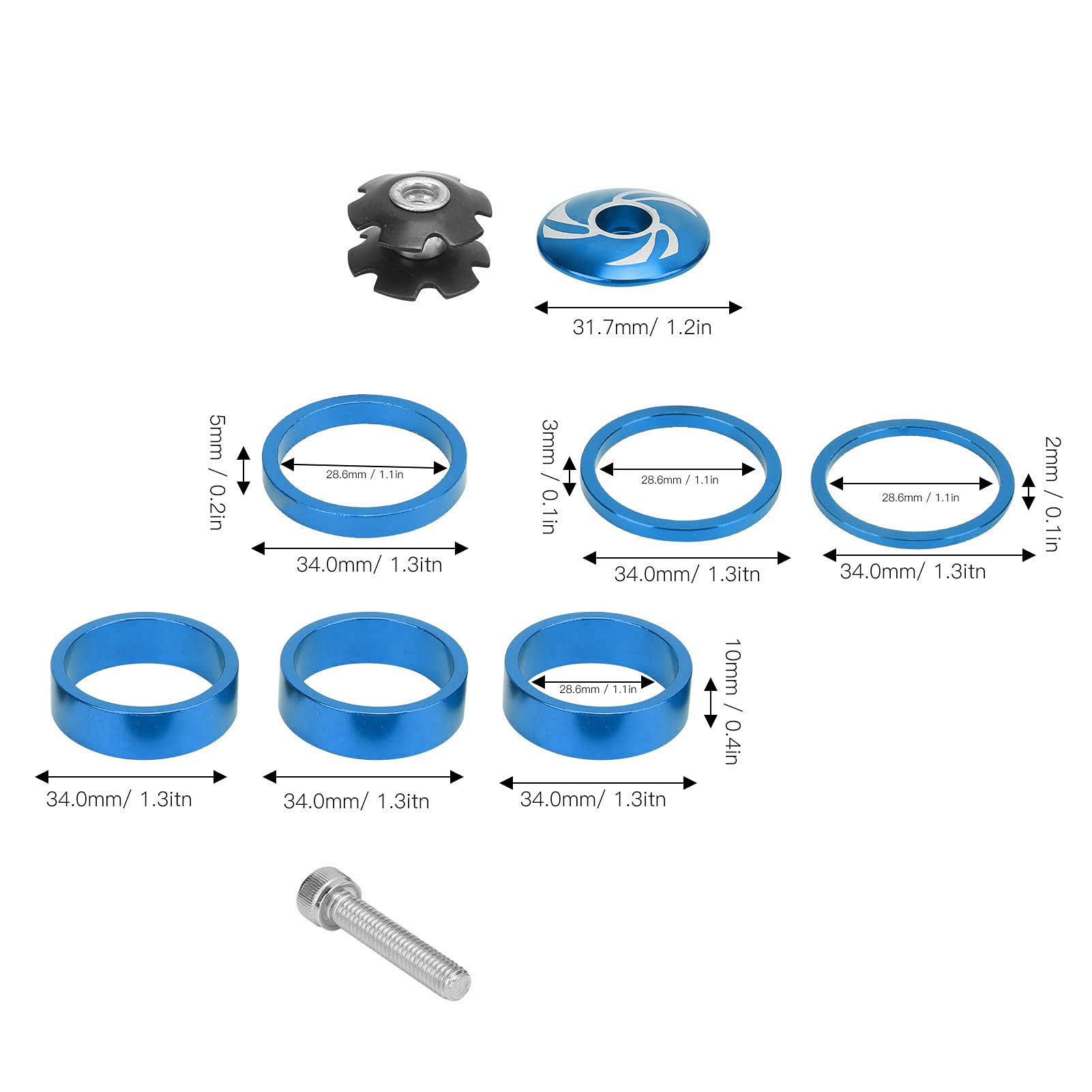 Keenso Bike Handlebar Stem Spacers, 6Pcs Bike Headset Spacer Aluminium Alloy Handlebar Stem Spacers for Mountain Bike(Blue) & Parts