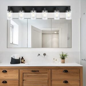 WINSHEN Modern Bathroom Vanity Light 6-Light Lamp in Black, Farmhouse Wall Light Fixture with Seeded Glass Shades Indoor Wall Lamp