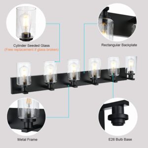 WINSHEN Modern Bathroom Vanity Light 6-Light Lamp in Black, Farmhouse Wall Light Fixture with Seeded Glass Shades Indoor Wall Lamp