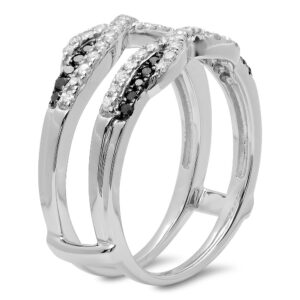 Dazzlingjewelrycollection Round Cut Black & White Diamond 14K White Gold Plated Ladies Swirl Anniversary Wedding Band Enhancer Guard Double Ring For Women's (7.5)