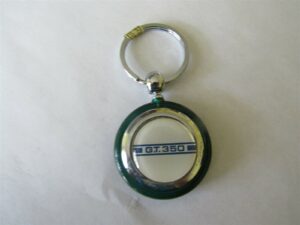 1965 1966 1967 1968 1969 1970 shelby gt-350 blue stripe on white round plastic keychain - green