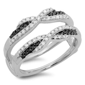 dazzlingjewelrycollection round cut black & white diamond 14k white gold plated ladies swirl anniversary wedding band enhancer guard double ring for women's (7.5)