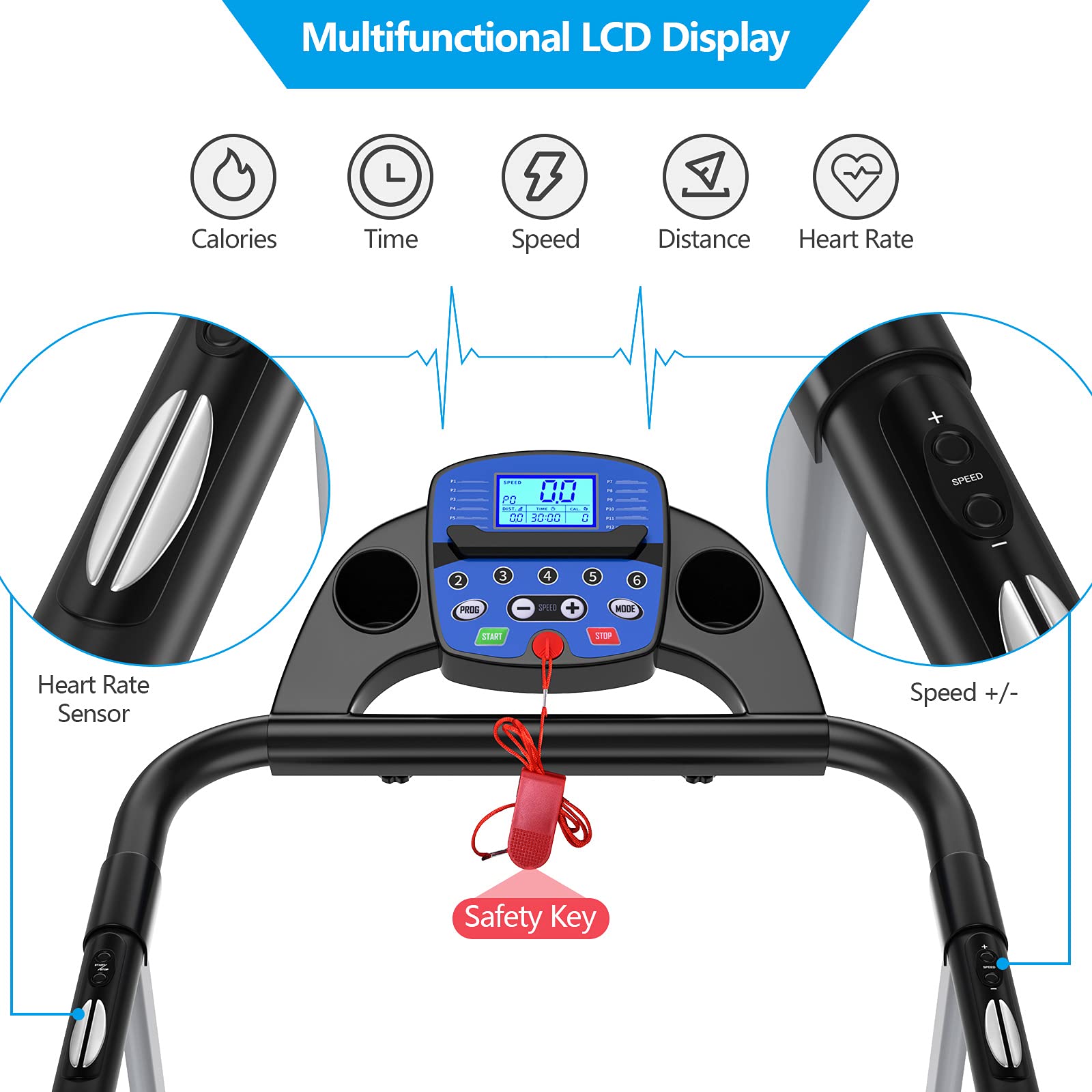 GYMAX Folding Treadmill, Electric Motorized Running Walking Machine with LCD Monitor, 12 Preset Program & Heart Rate Sensor, Compact Home Gym Cardio Training Workout Equipment