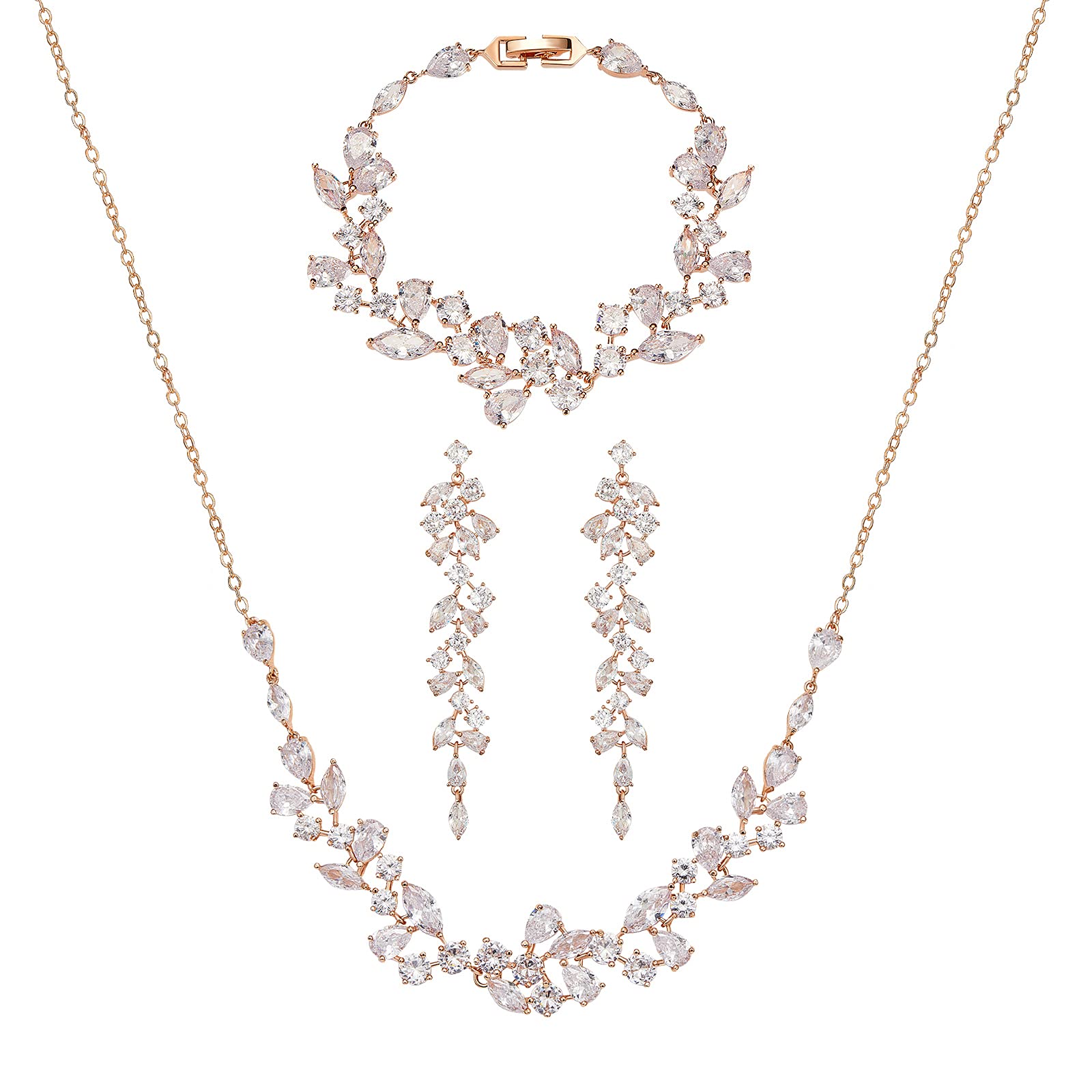 SWEETV Rose Gold Bridal Jewelry Set for Wedding, 3Pcs Long Floral Necklace Earring Bracelet Sets for Brides, Bridesmaids, Elegant Marquise and Cubic Zirconia Jewelry Set for Women Party Prom Gifts