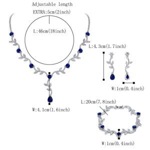 Crysdue Wedding Vine Jewelry Set for Brides Bridesmaid, Cubic Zirconia Elegance Teardrop Necklace Bracelet Dangle Earrings for Wedding Prom Party, Sapphire Leaves Bridal Jewelry