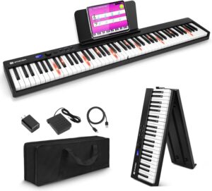 folding piano, portable 88 key full size foldable keyboard piano semi-weighted bluetooth with light up keys, sustain pedal and handbag, black, by vangoa