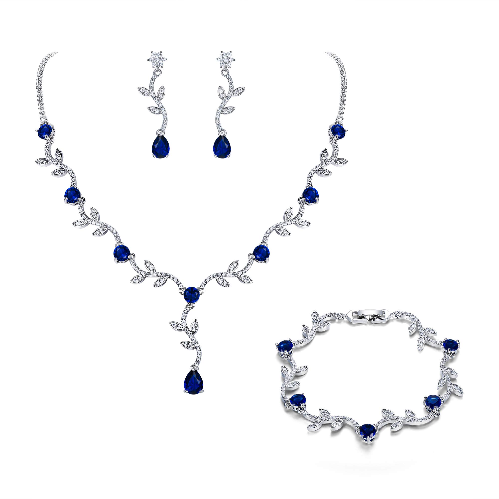 Crysdue Wedding Vine Jewelry Set for Brides Bridesmaid, Cubic Zirconia Elegance Teardrop Necklace Bracelet Dangle Earrings for Wedding Prom Party, Sapphire Leaves Bridal Jewelry