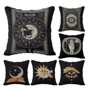 tarot the star moon sun linen throw pillow case, 18 x 18 inch set of 6, tarot theme room decor, astrology tarot lovers gifts, mom, daughter, sister, wife gifts, black cushion cover for sofa couch bed